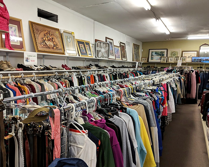 Inside St. Vincent DePaul, clothing racks stretch like a rainbow of possibilities. Fashion finds at fraction prices!