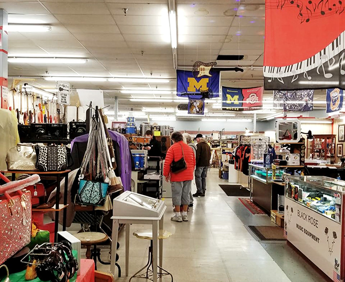 Inside, college pennants and organized displays create a nostalgic atmosphere perfect for reminiscing while shopping.
