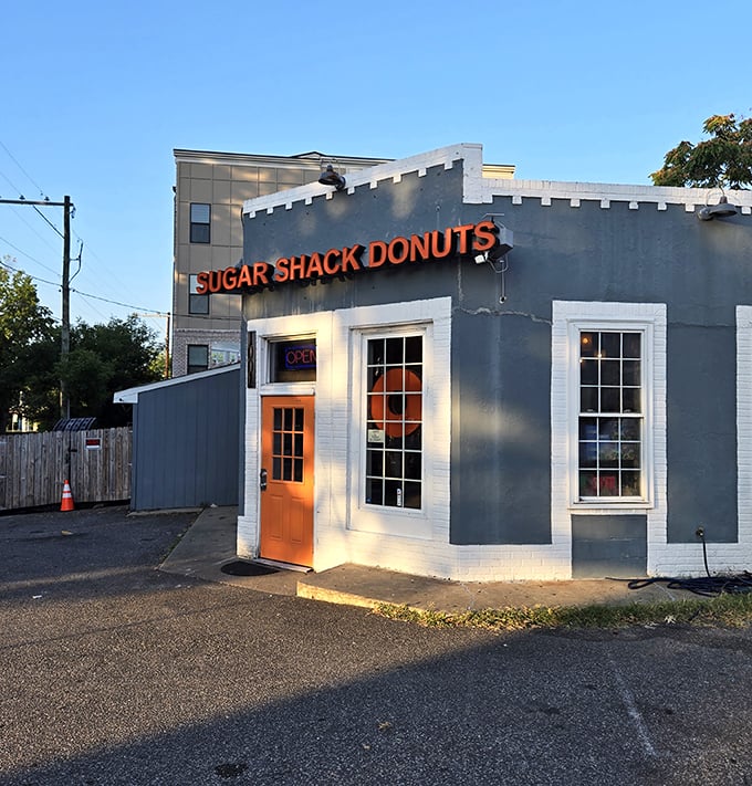 Gray walls, orange accents, and serious donut business - Sugar Shack means what it says about quality.