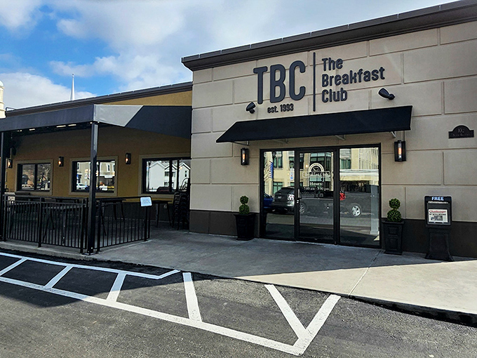 Clean, modern lines suggest serious breakfast business happens here, and your taste buds win.