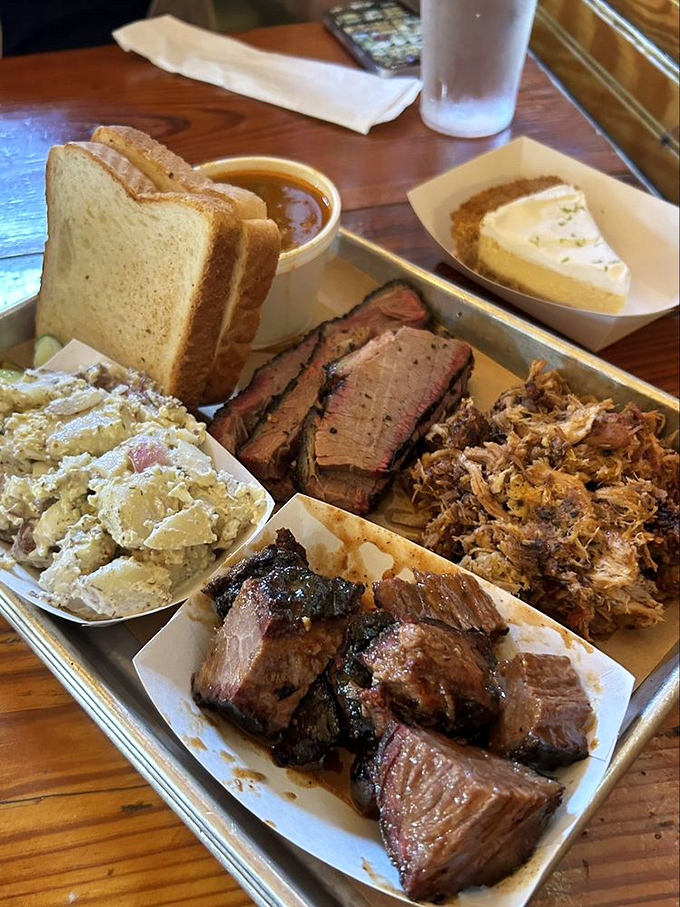 Not so much a sampler as a summit meeting of meats, with potato salad as the neutral diplomat.