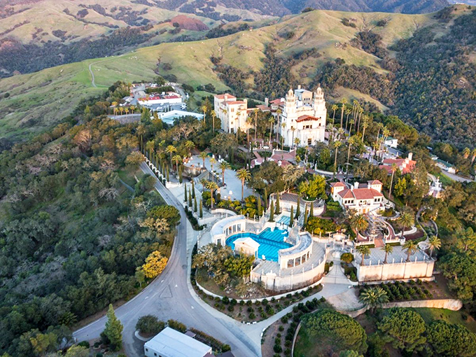 From above, Hearst Castle resembles a Mediterranean village that somehow landed atop a California mountain, complete with that jaw-dropping Neptune Pool.