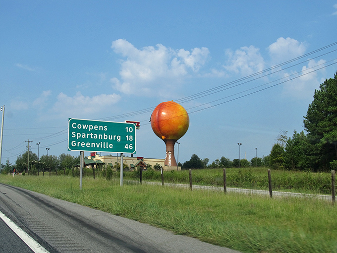Road signs point to nearby cities, but let's be honest&mdash;the Peachoid is the real landmark everyone uses for directions around here.