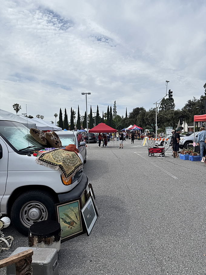 Early birds catch the deals as vendors set up under cypress trees. That rug on the van hood? It might just tie your whole living room together.