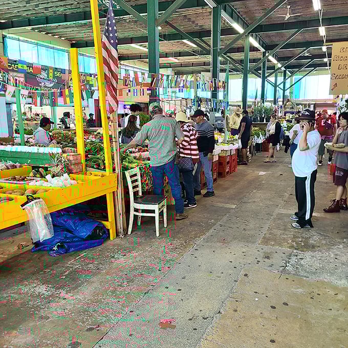 International flags flutter above shoppers in this global marketplace where you're as likely to discover a new favorite food as you are a bargain.