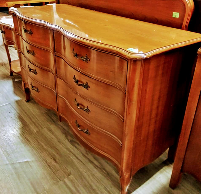 Grandma's dresser got an upgrade! This curved-front wooden beauty brings vintage elegance to any bedroom at thrift store prices.