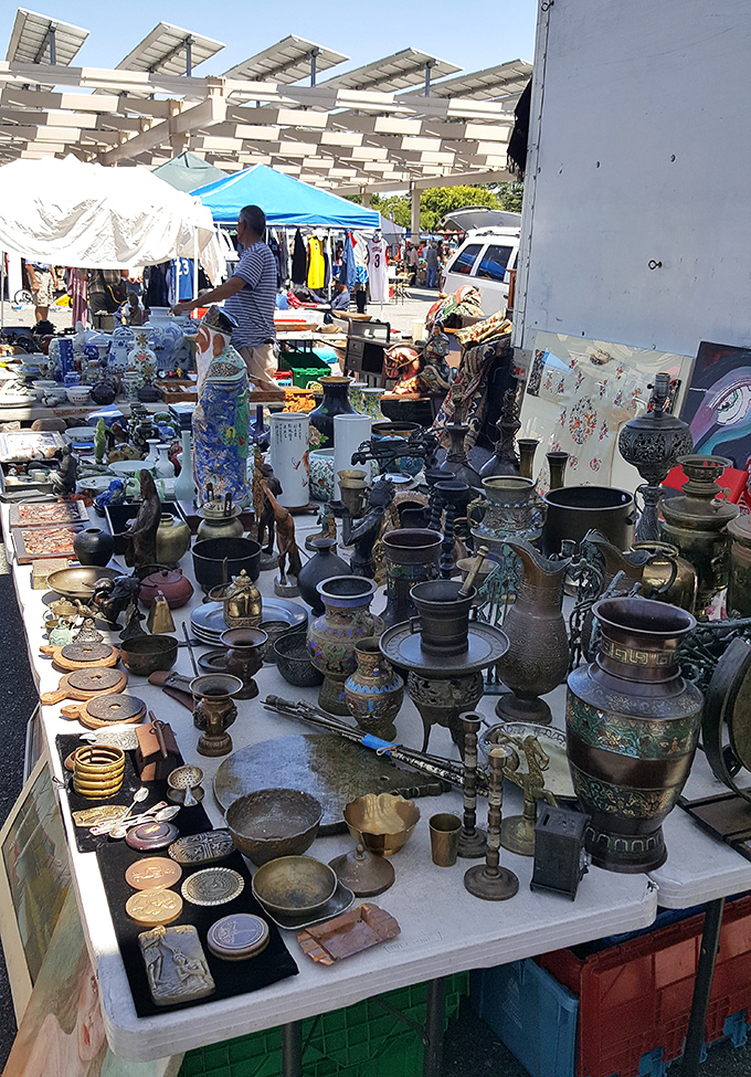 Time-worn ceramics and brass treasures whisper tales of dinner parties and family gatherings past.