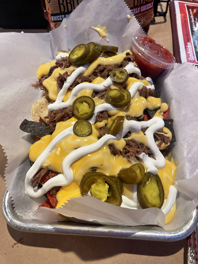 BBQ nachos that blur the line between appetizer and main event. The jalape&ntilde;os aren't just garnish&mdash;they're little green exclamation points of flavor.