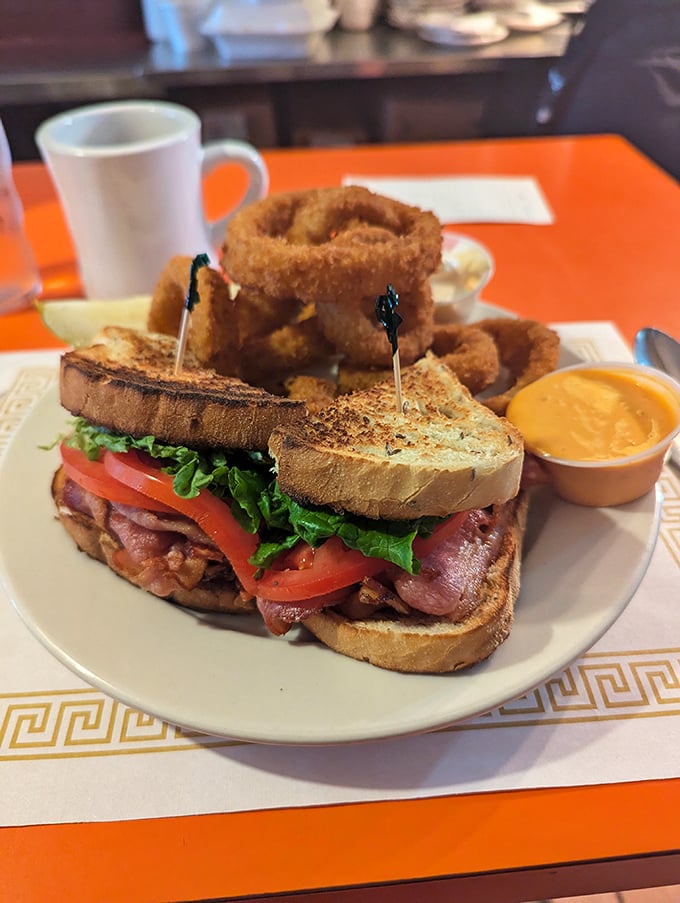 The BLT elevated to art form. Crispy bacon, garden-fresh tomatoes, and perfectly toasted bread with those golden onion rings standing guard.