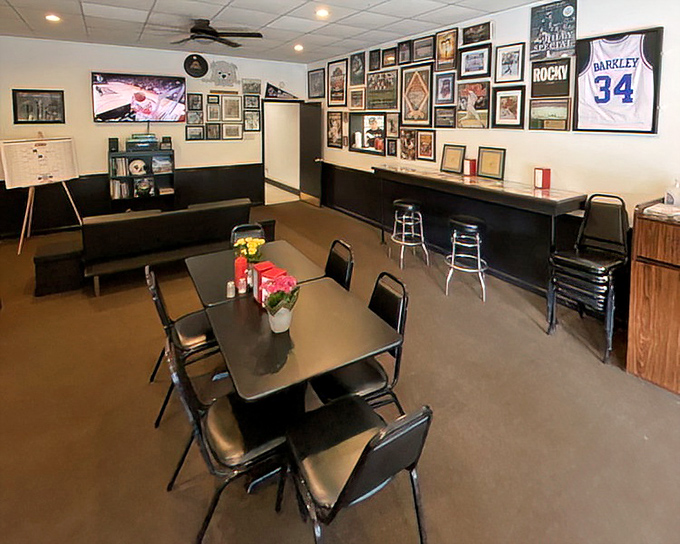 The dining area where sandwich dreams come true. Sports memorabilia watches over you like guardian angels of good taste.