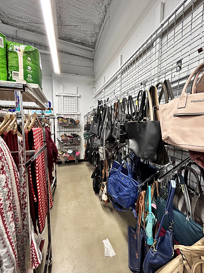 Handbag heaven! From practical totes to statement purses, this wall of accessories proves one shopper's castoff is another's treasure.