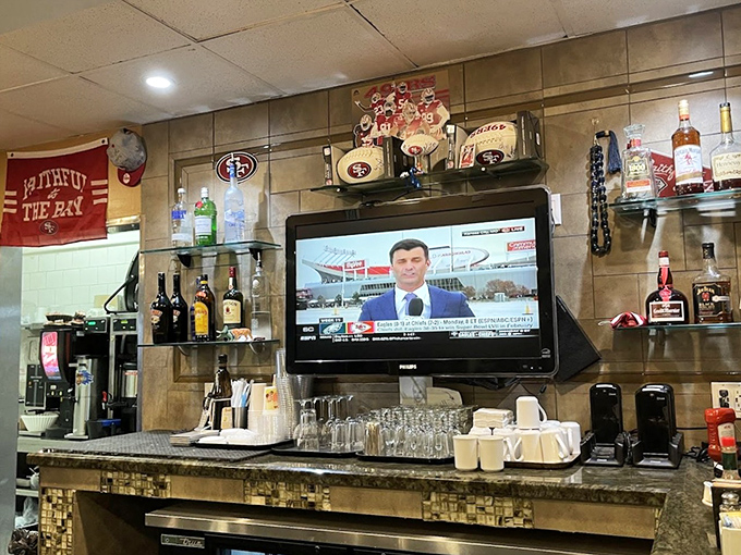 The bar area showcases San Francisco sports memorabilia&mdash;because nothing complements a bloody mary quite like local pride and championship dreams.