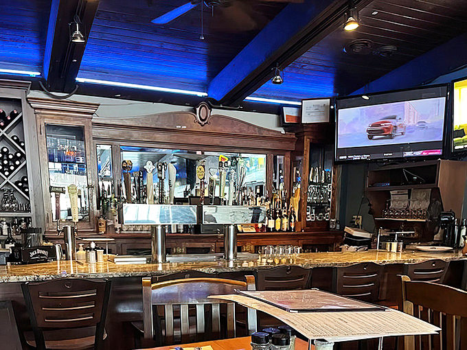 The bar area invites you to linger over a local craft beer while debating life's important questions, like "Should we order another pizza?"