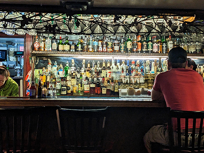 A bar stocked like an adult candy store, where the bottles gleam under perfect lighting and the bartenders know the difference between mixing and crafting.