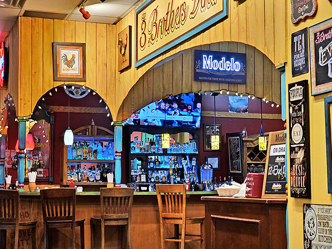 The bar area, with its wooden archways and Modelo sign, feels like the neighborhood gathering spot where everybody might actually know your name.