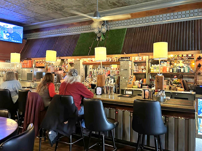 The bar glows like a beacon of hope for thirsty travelers seeking refuge from the ordinary.