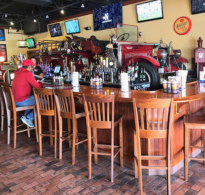 A bar built from an actual fire truck&mdash;because why not? The perfect spot to belly up for a cold one after conquering the meat sweats.