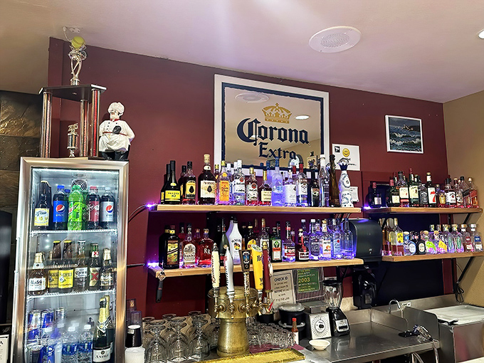The well-stocked bar area promises liquid courage for those attempting multiple trips to the buffet. Pace yourselves, amateurs.