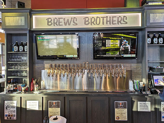 Beer taps standing at attention like soldiers in a delicious army. Each handle promises a different adventure in hops.
