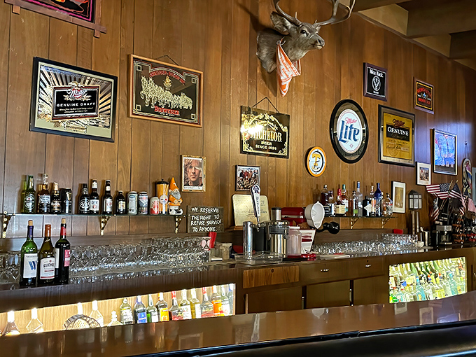 The bar area's wood-paneled walls and vintage signs tell stories of Eastern Sierra adventures past&mdash;a perfect spot to unwind after a day exploring Mono Lake.