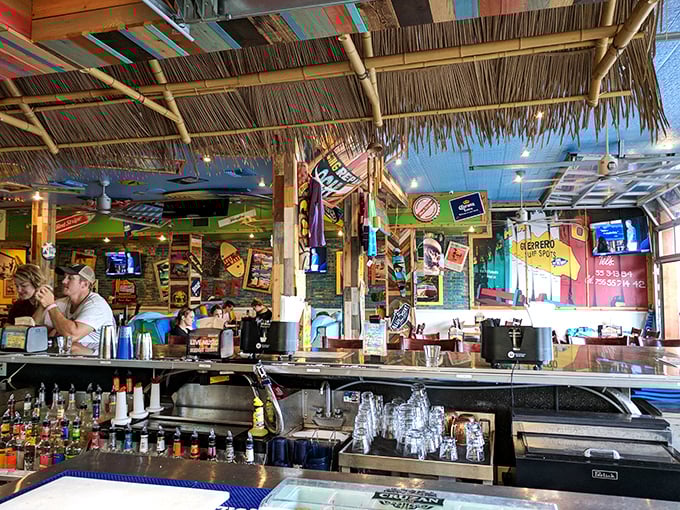 Thatched roofs and bamboo details transport you to an island getaway, even if your actual vacation is just a lunch break.