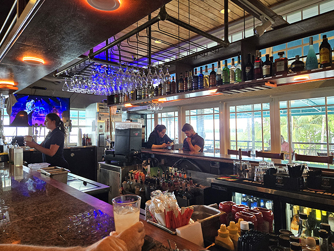 Where liquid vacation is served with a smile. The bar's blue lighting creates the perfect ambiance for stories that get better with each round.