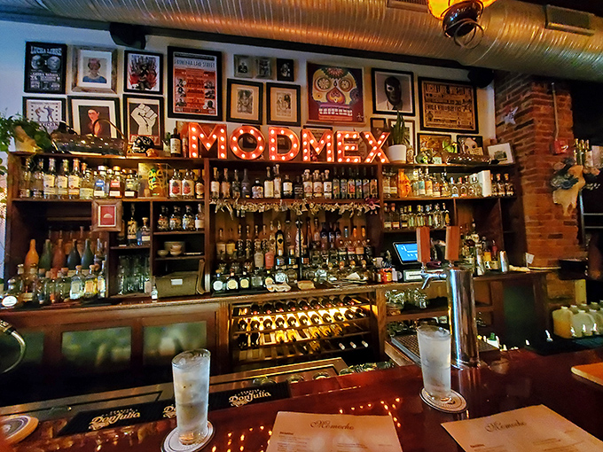 The "MODMEX" sign glows like a beacon for the tequila-curious. This bar doesn't just serve drinks&mdash;it tells stories in liquid form.
