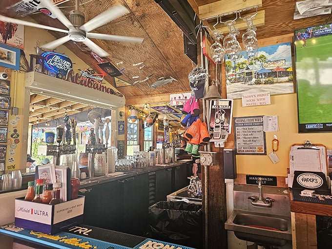 The bar's rustic wooden charm isn't manufactured by a designer&mdash;it's been earned through years of salt air, tall tales, and cold beer.