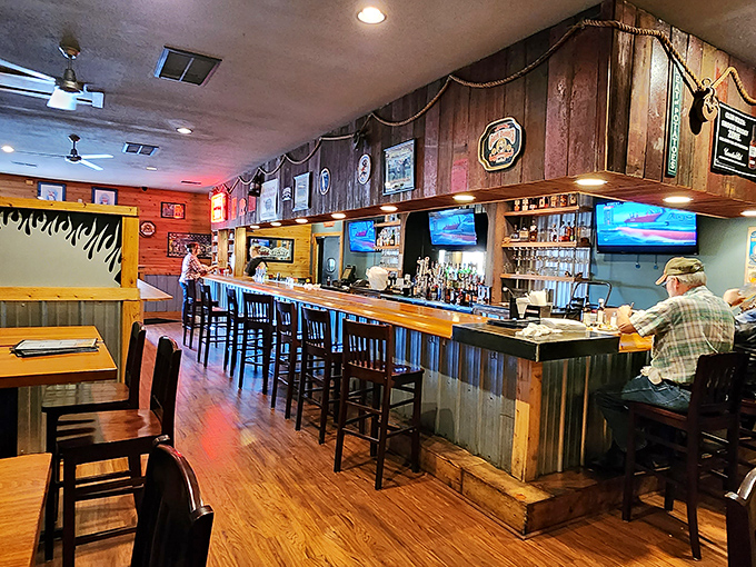 The bar area where barbecue meets bourbon and everyone leaves a little happier.