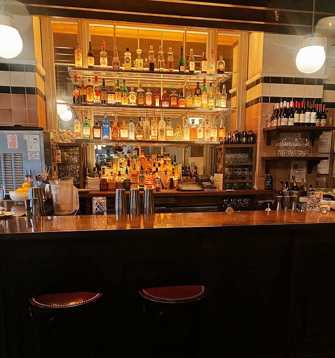 The bar gleams with amber bottles like a library of liquid happiness, each shelf promising adventures in a glass.