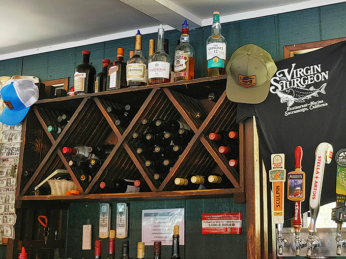 The bar's diagonal wine rack isn't just storage&mdash;it's functional art that says, "Yes, we take our beverages as seriously as our seafood."