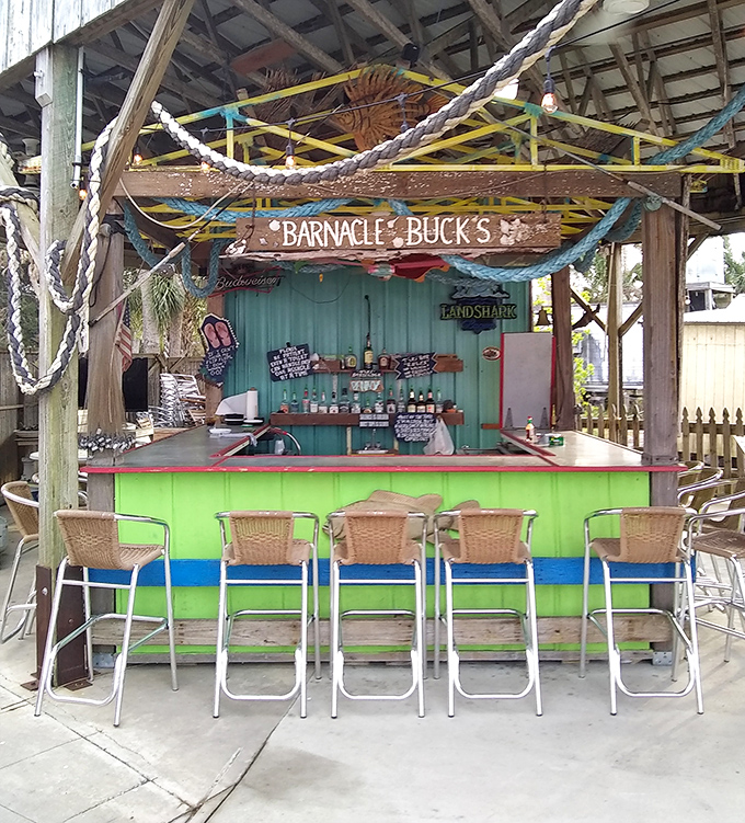 "Barnacle Buck's" outdoor bar&mdash;where the drinks are cold, the conversation flows, and Florida's worries drift away with the tide.