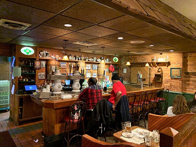 The bar area feels like the cozy tavern scene from every good fairy tale, minus the villains and plus excellent German beer options.