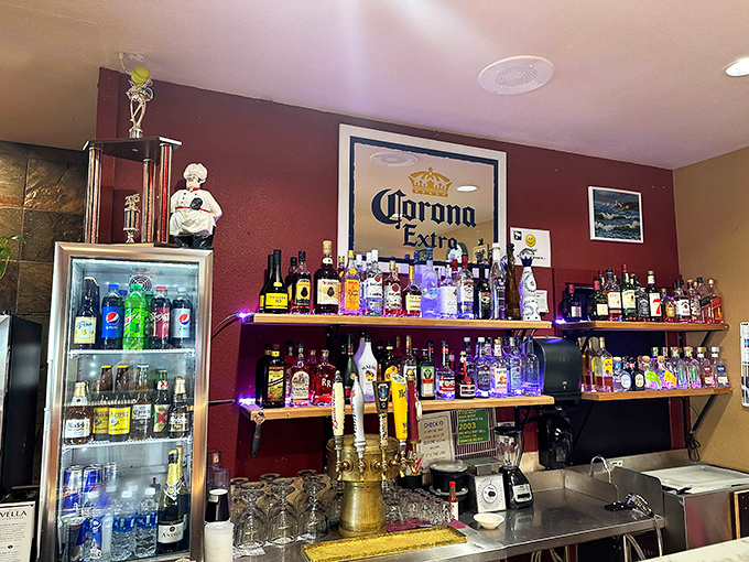 The bar area stands ready for those who believe a cold beer is the perfect companion to an all-you-can-eat adventure.