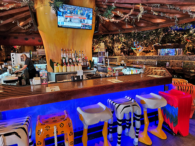 The "Watering Hole" bar brings new meaning to jungle juice, with animal-print stools that let adults embrace their wild side.