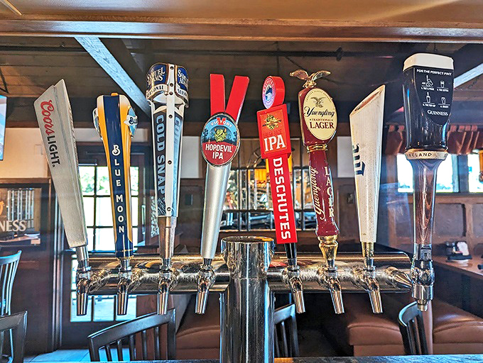 Beer taps standing at attention like soldiers guarding the gateway to hoppy happiness, each one promising a different adventure.