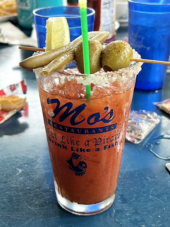 Their Bloody Mary comes dressed better than most people at the grocery store, with cocktail accessories that double as snacks.