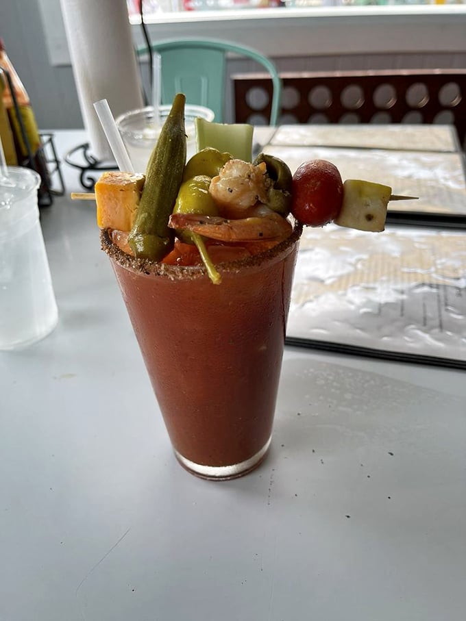 A Bloody Mary so loaded with garnishes it could double as a small salad &ndash; efficiency at its finest.