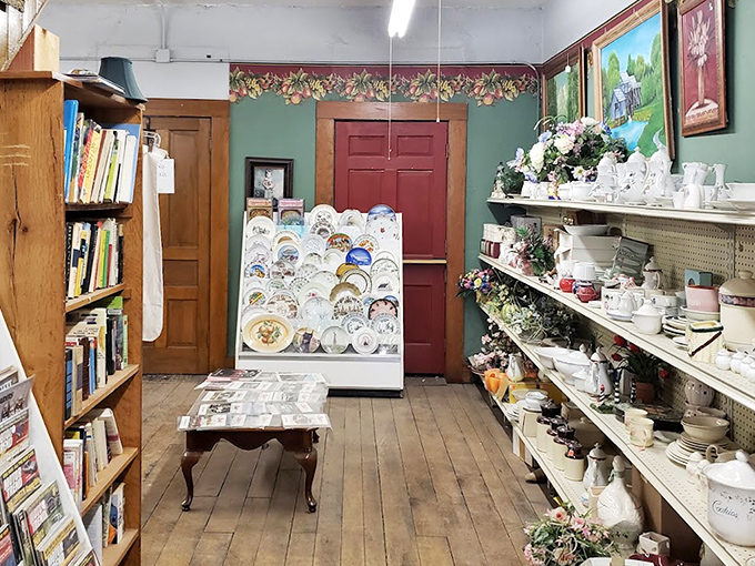 This room's floral wallpaper border and vintage cookbooks create the perfect backdrop for dishes that survived countless holiday meals.