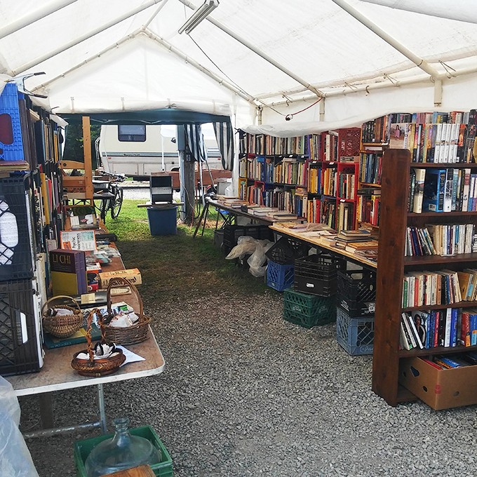 A literary oasis under canvas, where dog-eared paperbacks and hardcover classics patiently wait for new homes and fresh eyes to appreciate their timeless stories.