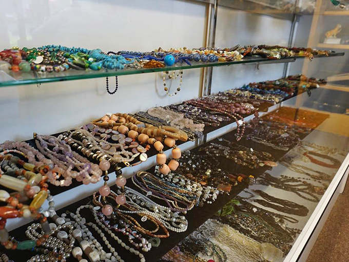 A rainbow of beads and baubles arranged with surprising precision, where yesterday's fashion statements become tomorrow's vintage finds.