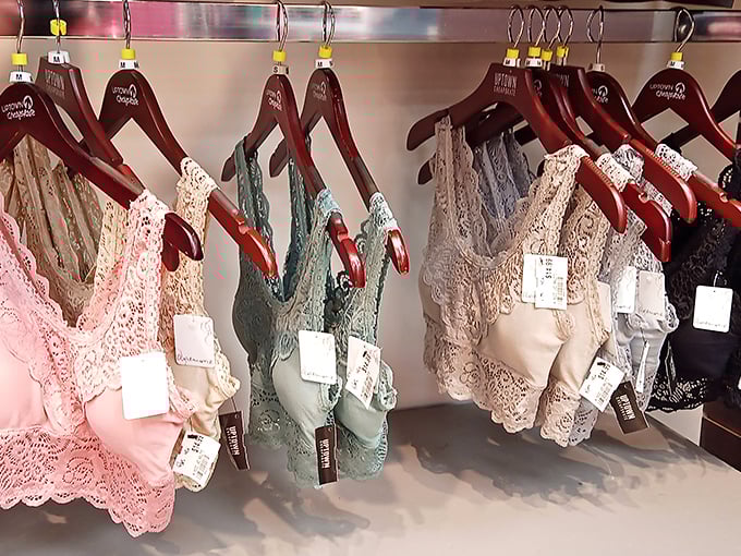 Delicate bralettes arranged like a confectionery display. Practical underpinnings with a touch of luxury that won't break the bank.