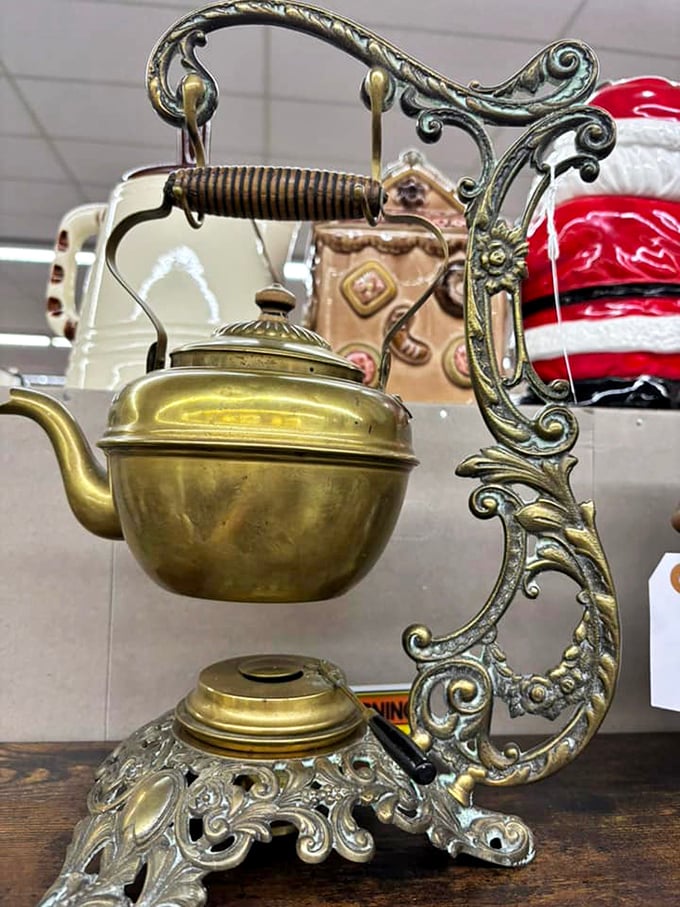Tea time elegance from another era. This ornate brass kettle would make even a tea bag feel fancy.