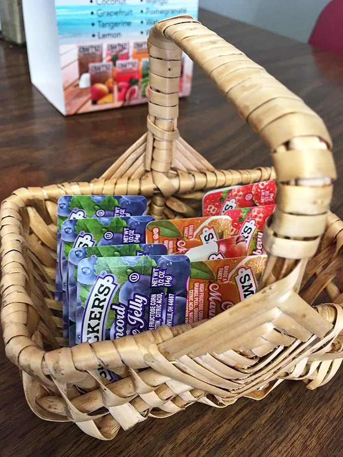 The wicker basket of jam packets&mdash;where the eternal debate between grape and strawberry has raged since time immemorial.