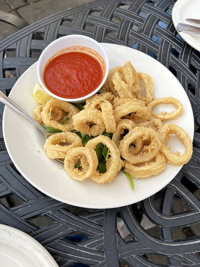 Fresh calamari rings arrive golden and tender, paired with marinara that's clearly been perfected over countless satisfied customers.