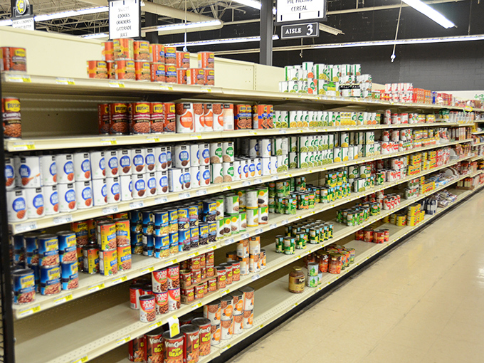 Pantry staples line the shelves like soldiers at attention, offering affordable nutrition and meal-planning possibilities for budget-conscious families.