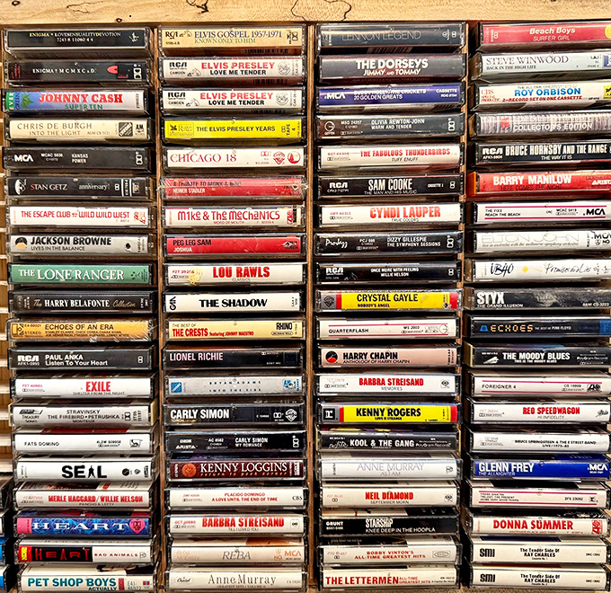 The cassette collection reads like a time capsule of American music&mdash;Elvis, Johnny Cash, and Barbra Streisand frozen in plastic perfection.