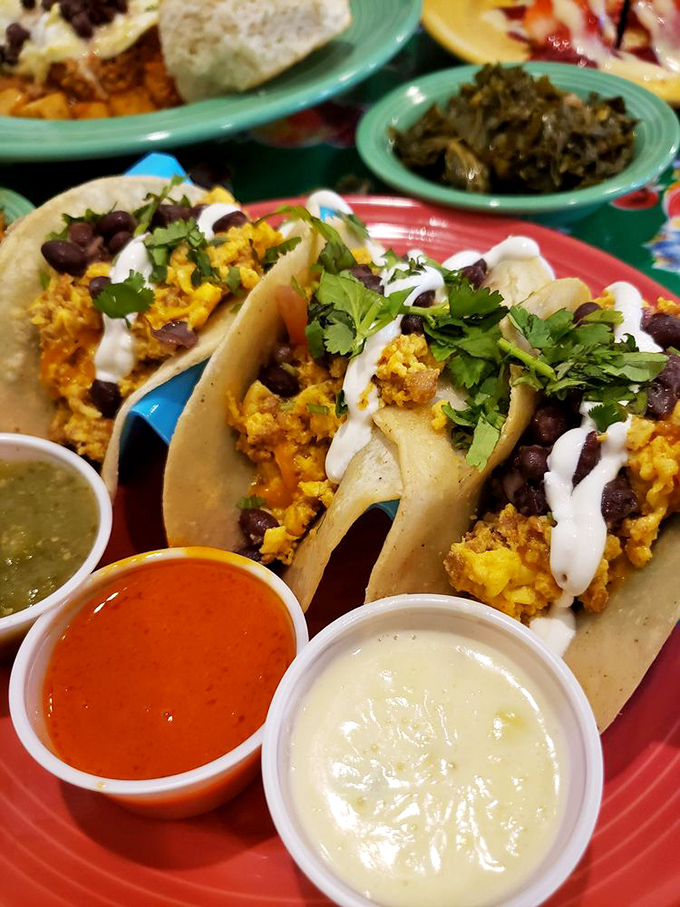 Breakfast tacos that bring a Tex-Mex fiesta to the morning table, complete with a trio of sauces for your dipping pleasure.