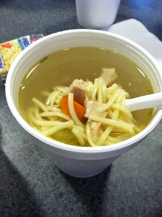Chicken noodle soup that could heal whatever ails you. Clear broth, tender noodles, and chunks of chicken &ndash; the universal language of comfort.
