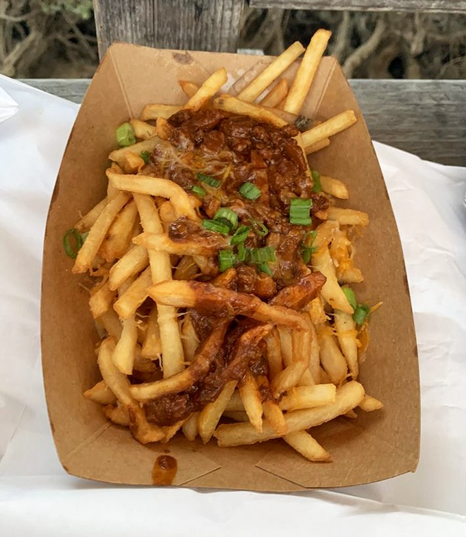 Chili fries: where the humble potato ascends to greatness. The green onions are there to convince you it's partially a vegetable dish.